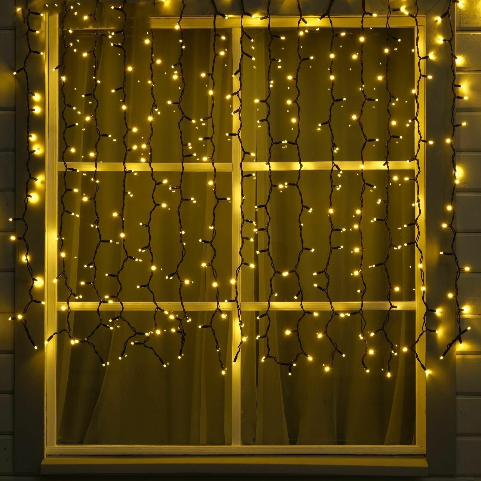 Гирлянда уличная "Занавес", светодиодная электрогирлянда штора на окна и фасад, 2 х 1.5 м , IP65, УМС, тёмная нить каучук, 300 LED свечение тёплое белое 220 В