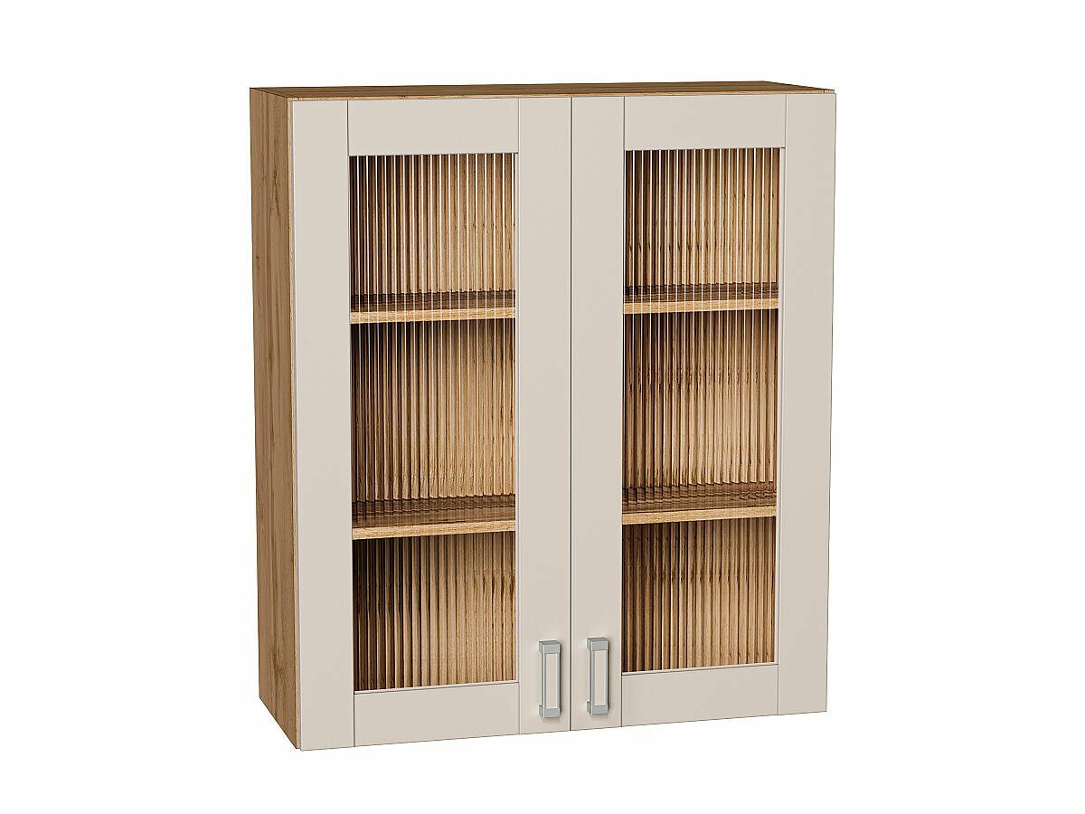 Шкаф верхний с 2-мя остекленными дверцами Лофт, цвет фасада Cream Silk, цвет каркаса Дуб Вотан, стекло Magic Moru V, 920*800*320 мм