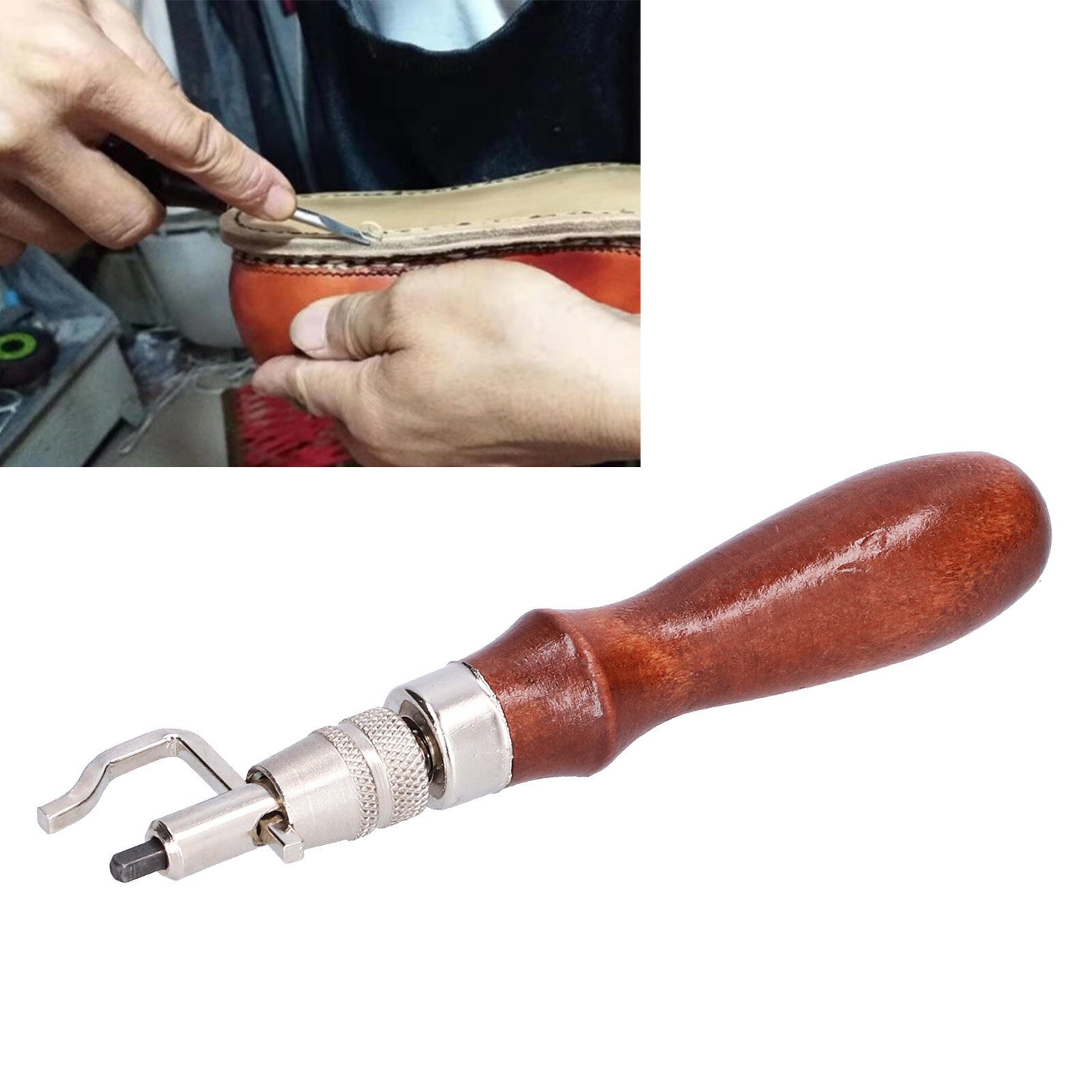 Набор инструментов для кожевенного дела DIY с регулируемым бороздорезом, фасками, инструментом для шитья, отверткой и аксессуарами, материал дерево и сталь, ширина фаски 0.8мм, 1.0мм, 1.2мм, регулируемая ширина борозды 1.5-20мм, размер 2.4х2.4х14см