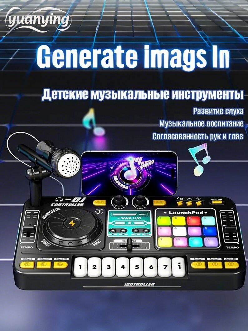 Беспроводной детский диджейский пульт с микрофоном и музыкальным инструментом-3