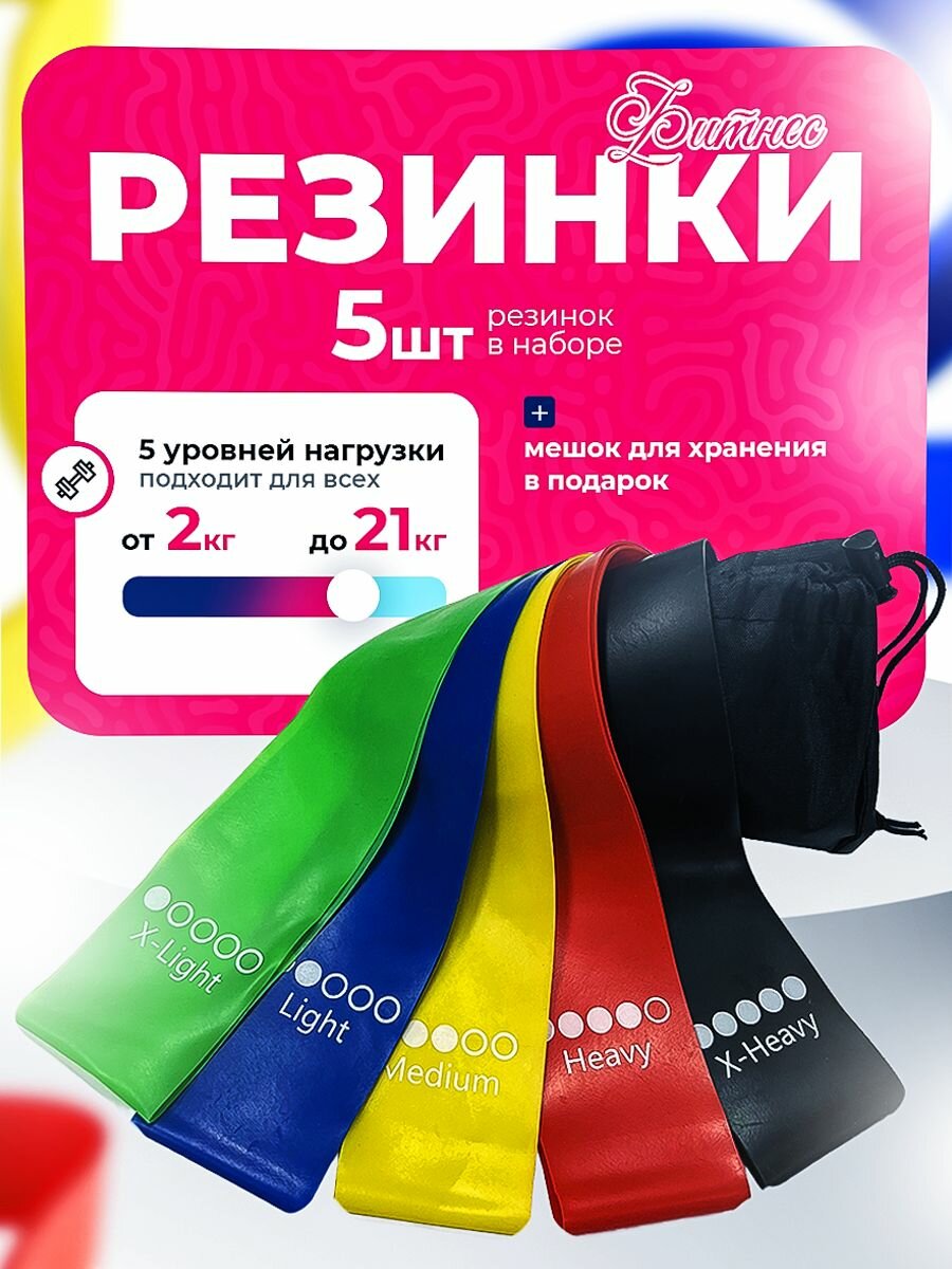 Фитнес резинки набор 5 шт, эспандер ленточный