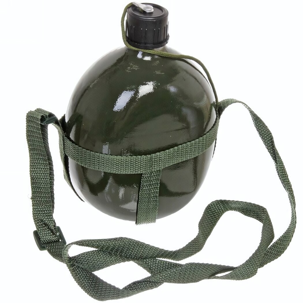 Фляжка 1,5л туристическая Caps32, металл, овал, темно-зеленый цвет, ремешок для переноски