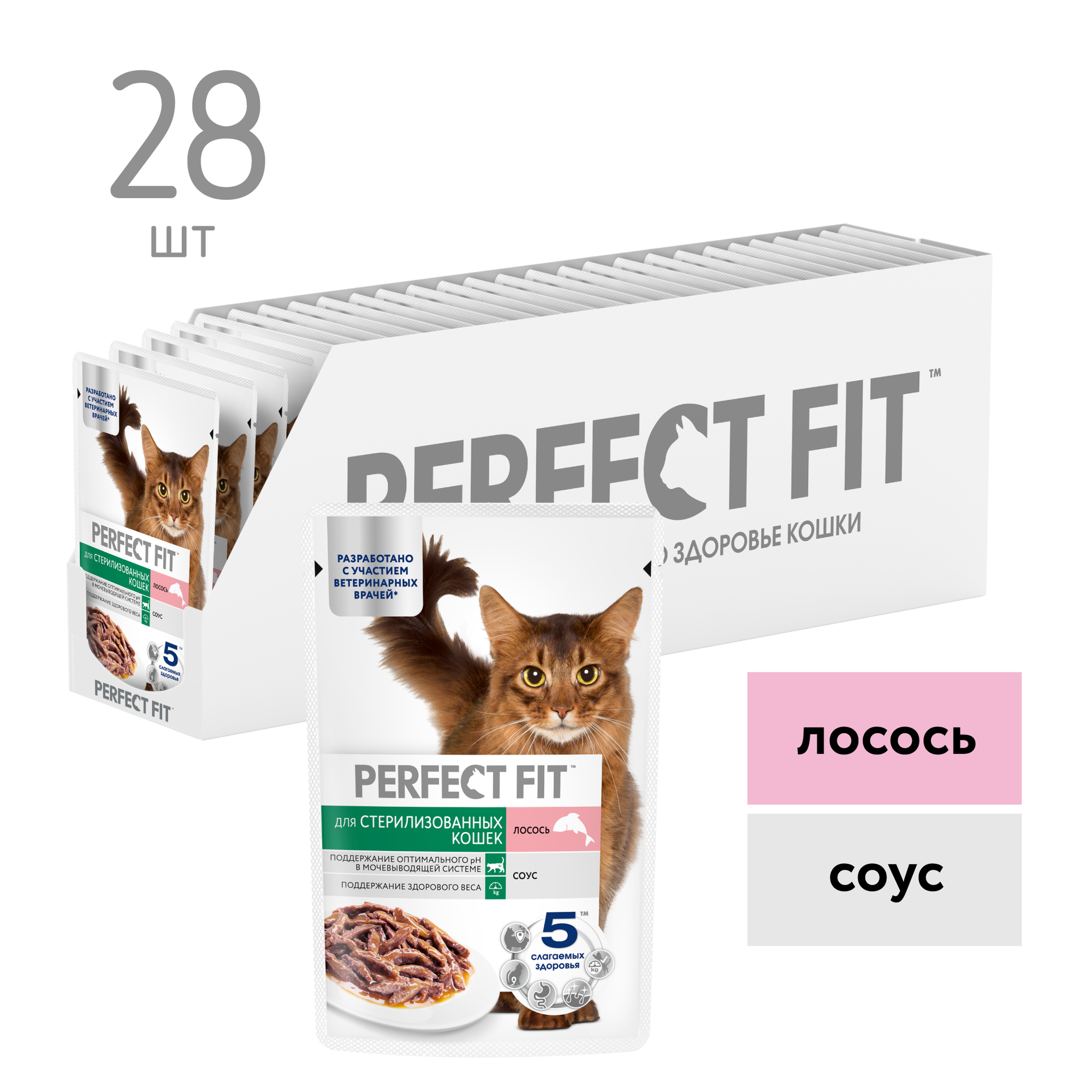 Влажный полнорационный корм PERFECT FIT для стерилизованных котов и кошек, с лососем в соусе, 28 шт по 75 г