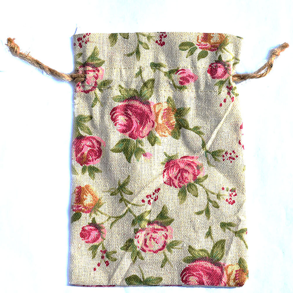 10pcs Printed Linen Drawstring Bag Gift Jewelry Ornament Storage Pouch 1