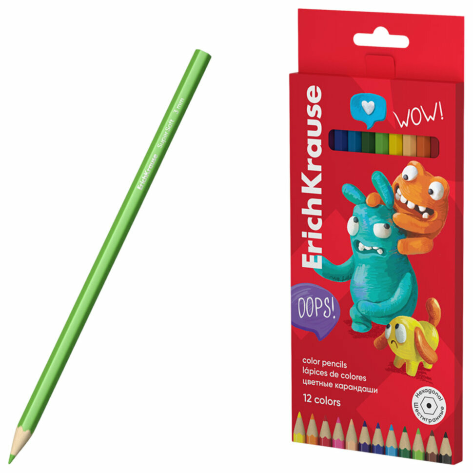 Цветные карандаши ERICH KRAUSE "Jolly Friends", 12 цветов, шестигранные, натуральное дерево, 61792, 182133
