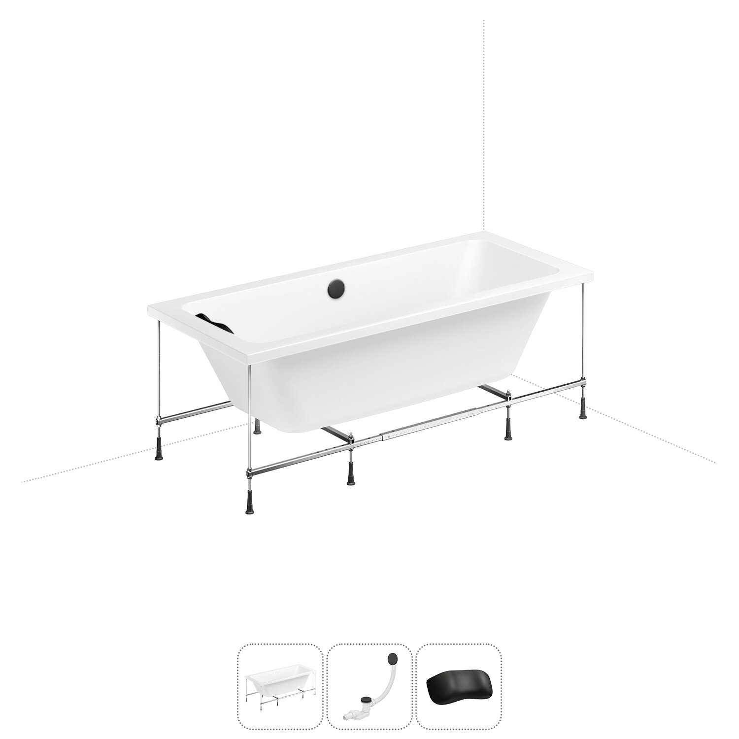 Акриловая ванна 180x80 с каркасом Lavinia Boho Pure 20220943R в наборе 4 в 1: прямоугольная ванна 180 x 80 см, каркас, слив-перелив, подголовник