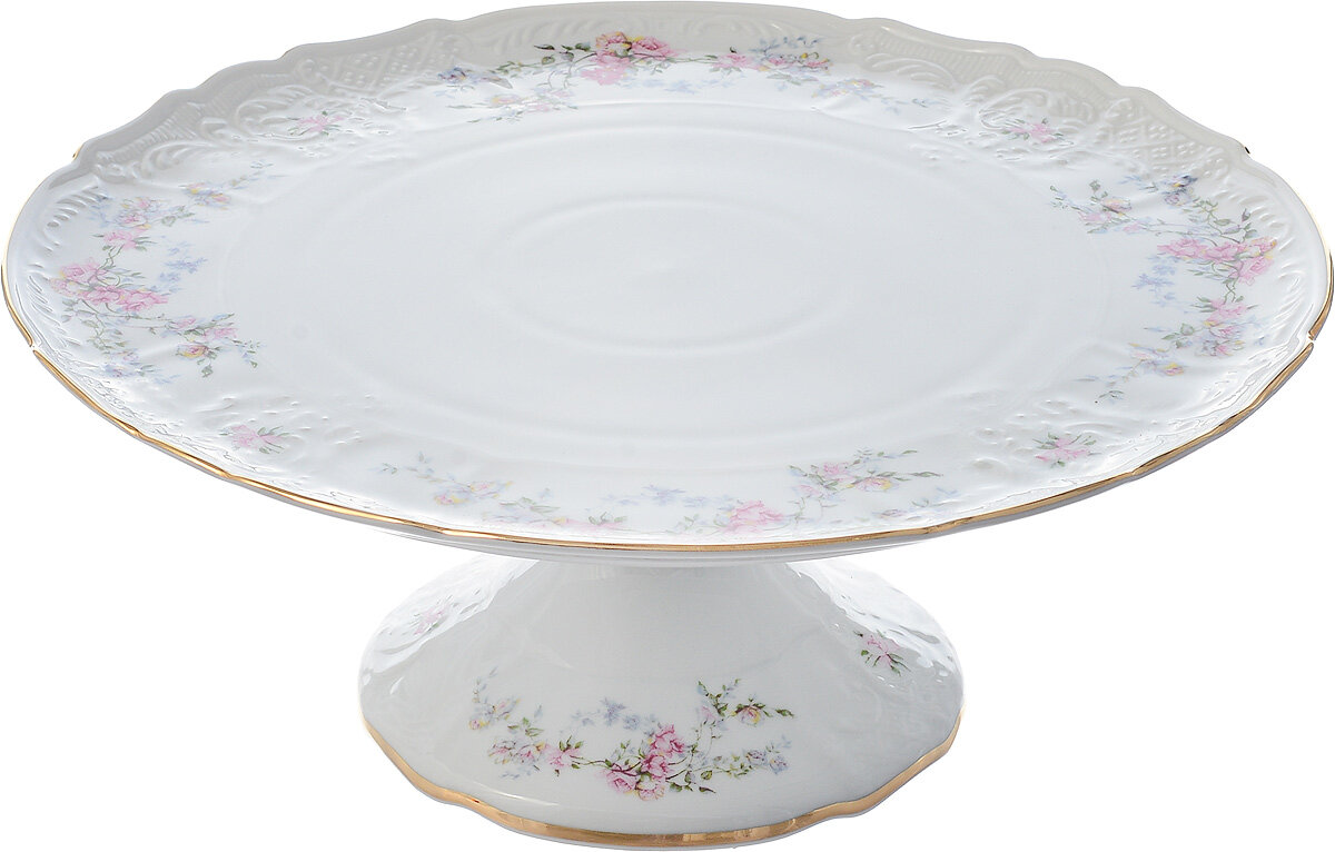 Тарелка для торта на ножке 32 см; "Bernadotte", декор "Дикая роза, отводка золото"