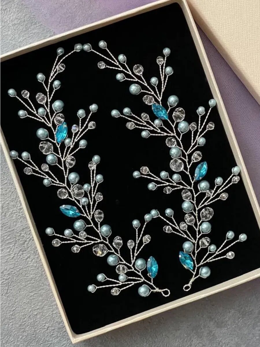 3373 Изящные голубые веточки на серебряной основе премиум А+