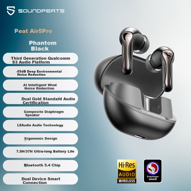 SoundPEATS Air5 Pro True Wireless Hi-Fi Snapdragon Clear Listening Wireless Earbuds Dual Gold Standard Recording Studio Sound Quality Qualcomm S3 Audio Bluetooth 5.4 Amber White