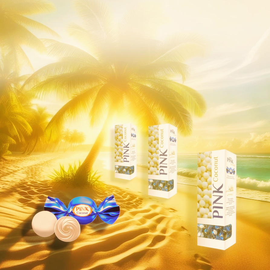 Мини конфеты Pink Coconut, в белом шоколаде, с кокосовой начинкой, 3 упаковки по 163 гр.