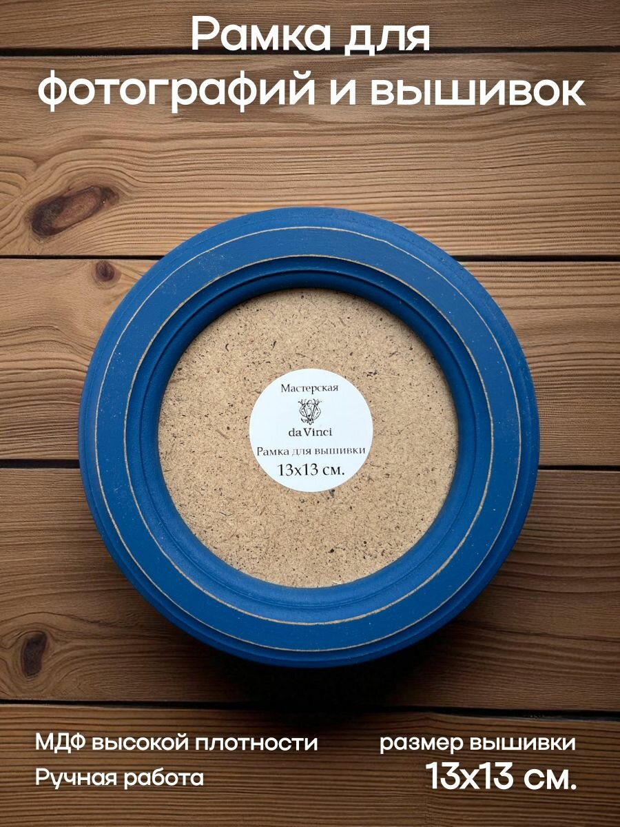 Круглая рамка ручной работы синяя 13х13 см.