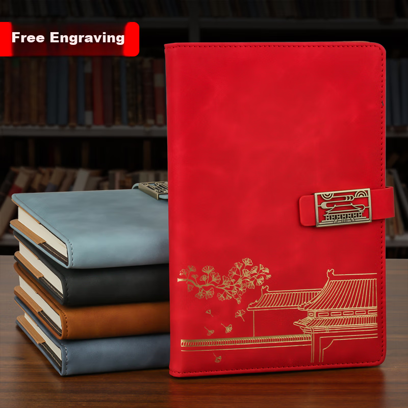 XYBP A5 Notebook, Business Journal, Chinese Style, College Student Diary, Simple Office Meeting Record Book, Vintage Universal Red (192 Pages)