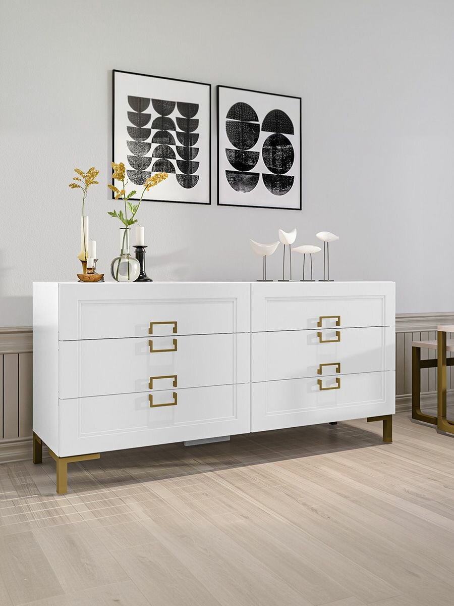 Комод столплит Ассоль СБ-3435 на ножках с 6 ящиками, ЛДСП, Белый/МДФ Белый, 150х72х46 см.