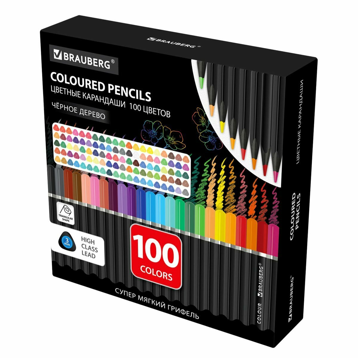 Карандаши цветные 100 цветов Brauberg Black Wood (3гр, мягкий грифель, d=3мм, черное дерево) (182045)