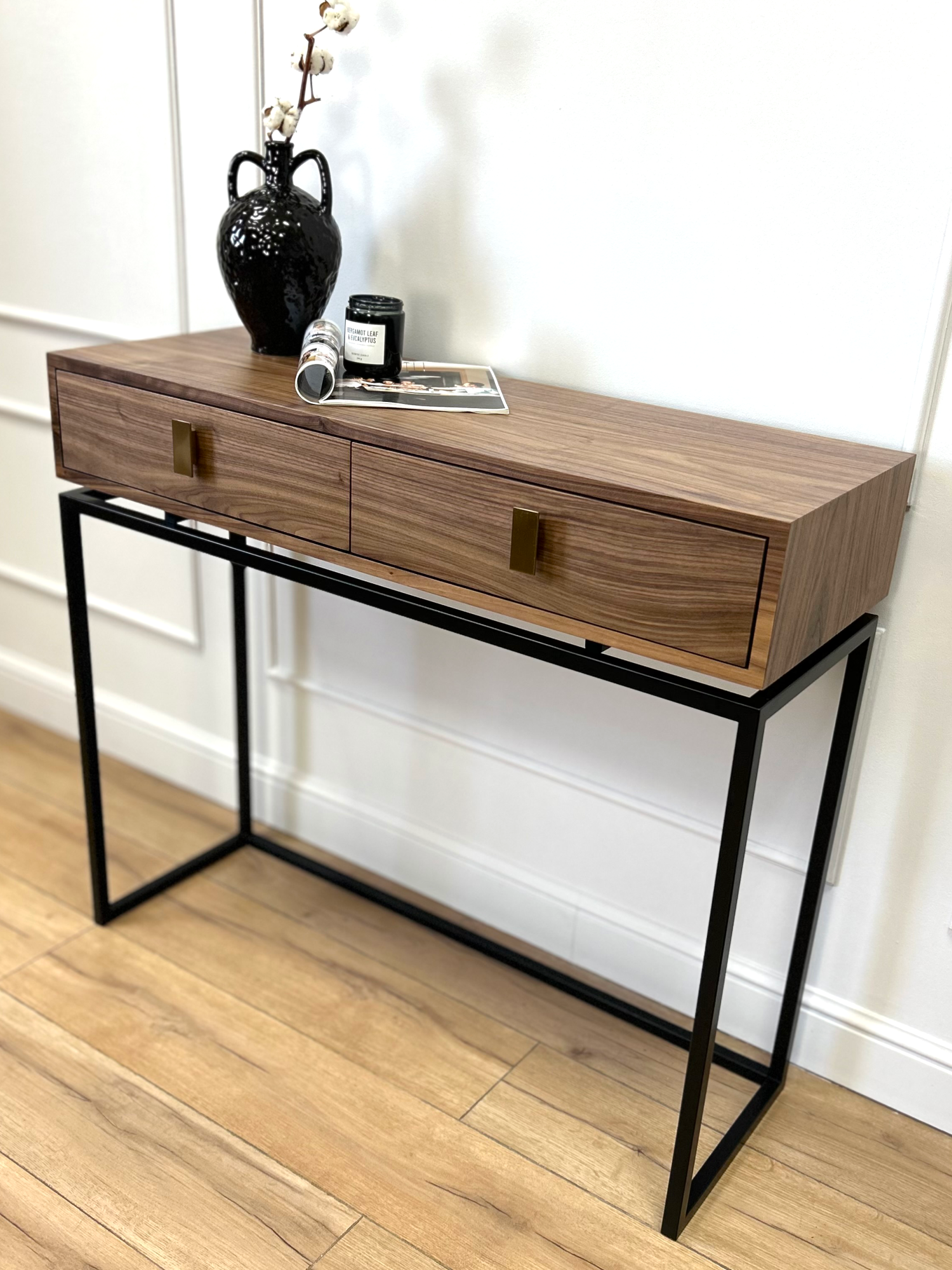 Консольный столик туалетный, шпон ореха 100х35х87 см на ножках черных, консоль в прихожую узкая с ящиками, Walnut V