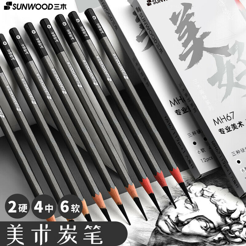 SUNWOOD (SUNWOOD) Beginner Sketch Charcoal Pencil Set Soft Medium Hard Mixed Drawing Art Student Special 6 Soft + 4 Medium + 2 Hard 12pcs/box Mixed MH67