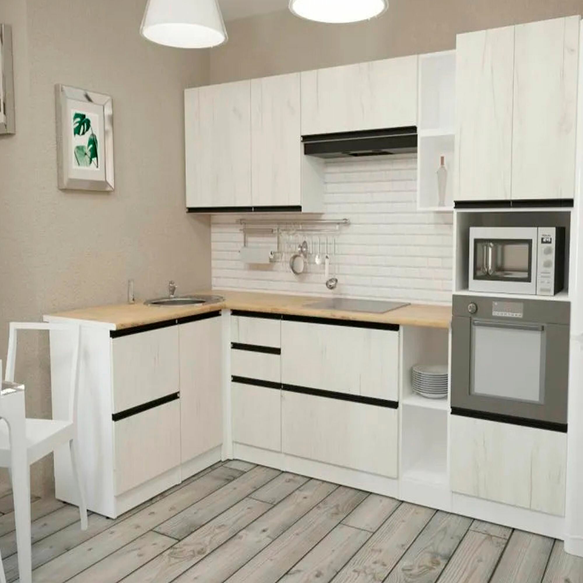 Кухонный гарнитур Амели мега прайм 1500*2700, Цвет Дуб грей, ширина 150 см * 270 см, с навесными шкафами, с выдвижными ящиками, с полками, с тумбой под мойку