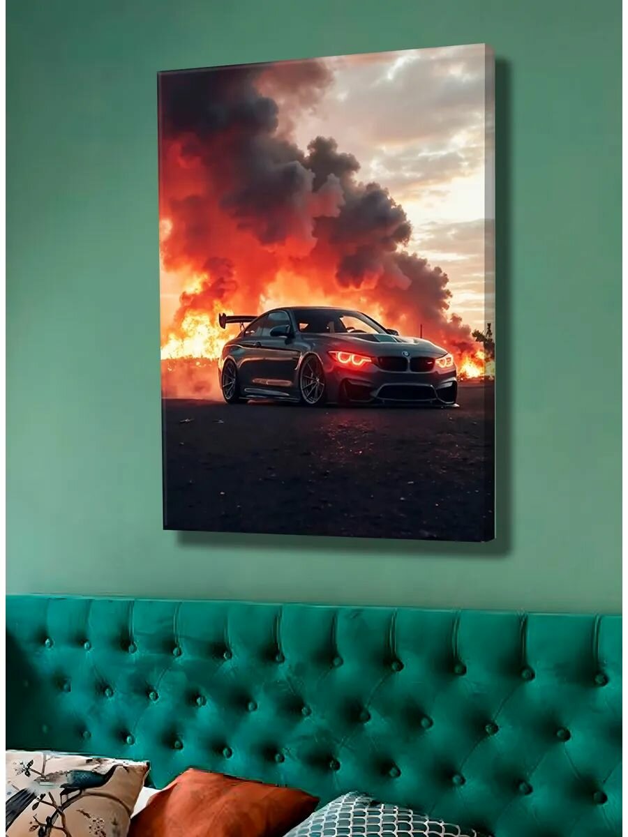Картина "BMW на фоне пожара", интерьерная 50х70см 1шт.