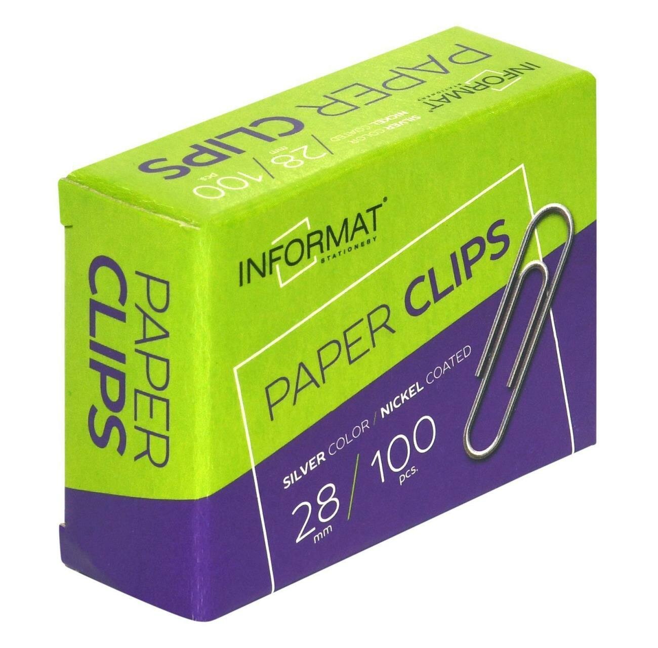 Скрепки INFORMAT 28 мм 100 шт, классические, никелированные, картонная упаковка