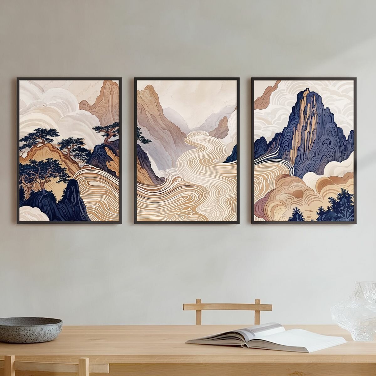 Постер 3 шт 30х40 без рамки "Пейзаж в японском стиле" набор картин для интерьера