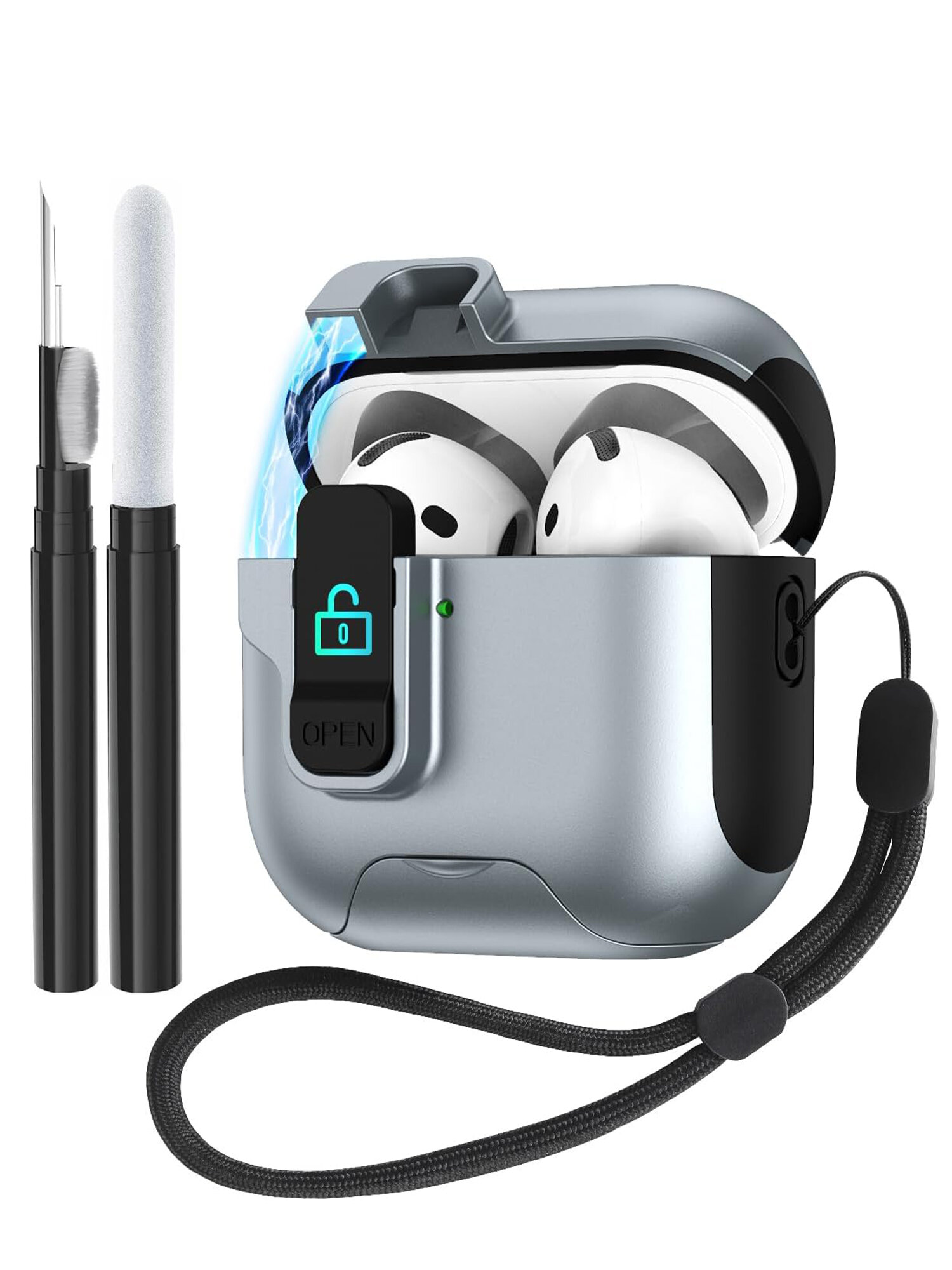 Чехол для наушников AirPods 4 (2024) пластиковый с замком и шнурком + черная щетка, черно-серебристый