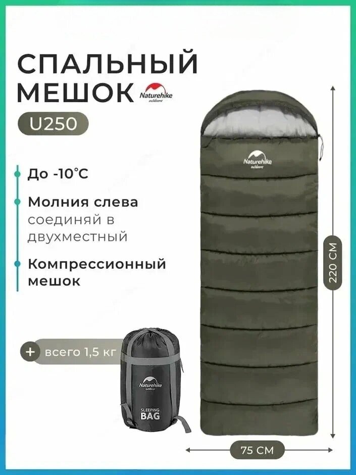 Спальный мешок Naturehike u250 / до -10С, 1.5 кг, зеленый, молния слева / состегивается в двухместный спальник