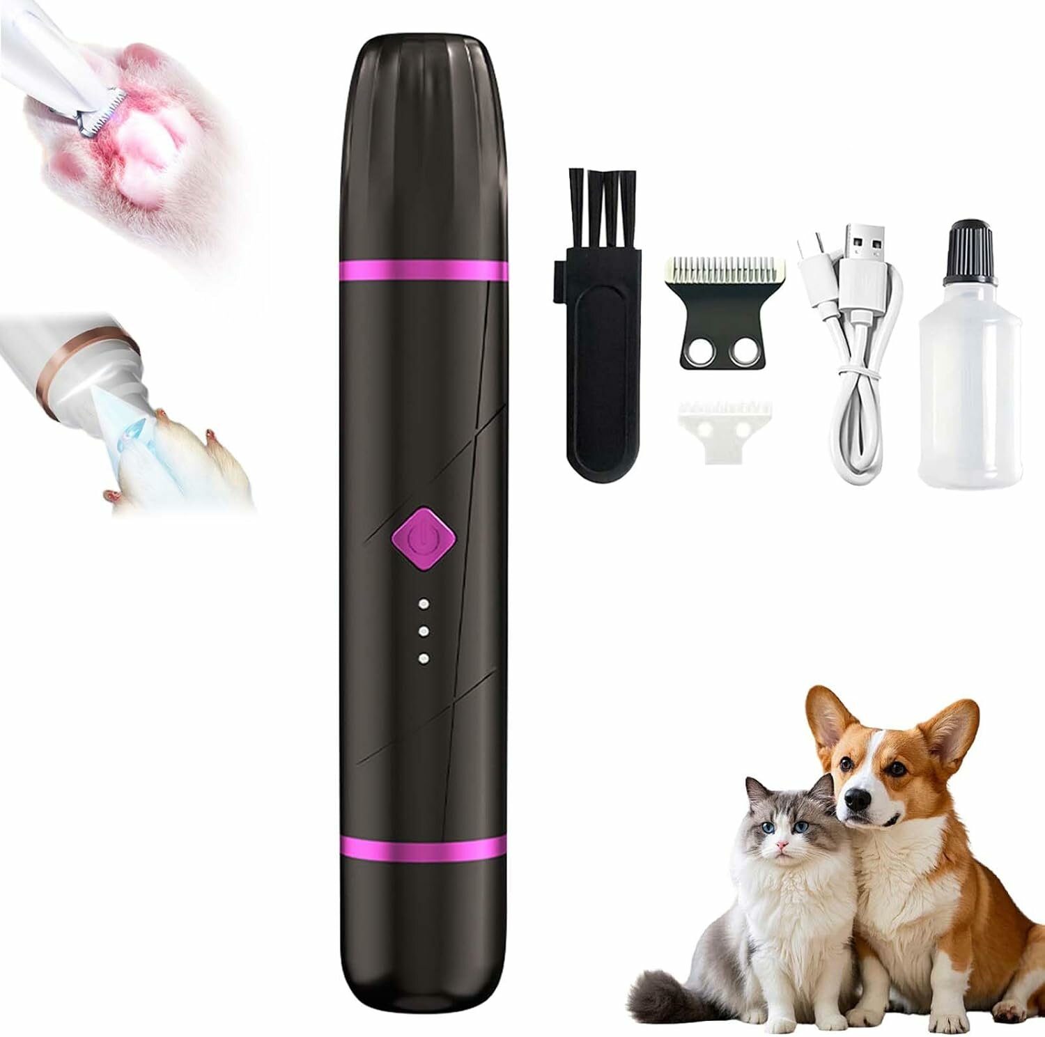 2 из 1 двойной головы Clippers Clippers Dog Paw Trimmer со светодиодным легким, низко шумовым прическом для волос для домашних животных тихий шлифовальный шлифовальный трюк, беспроводной паточный