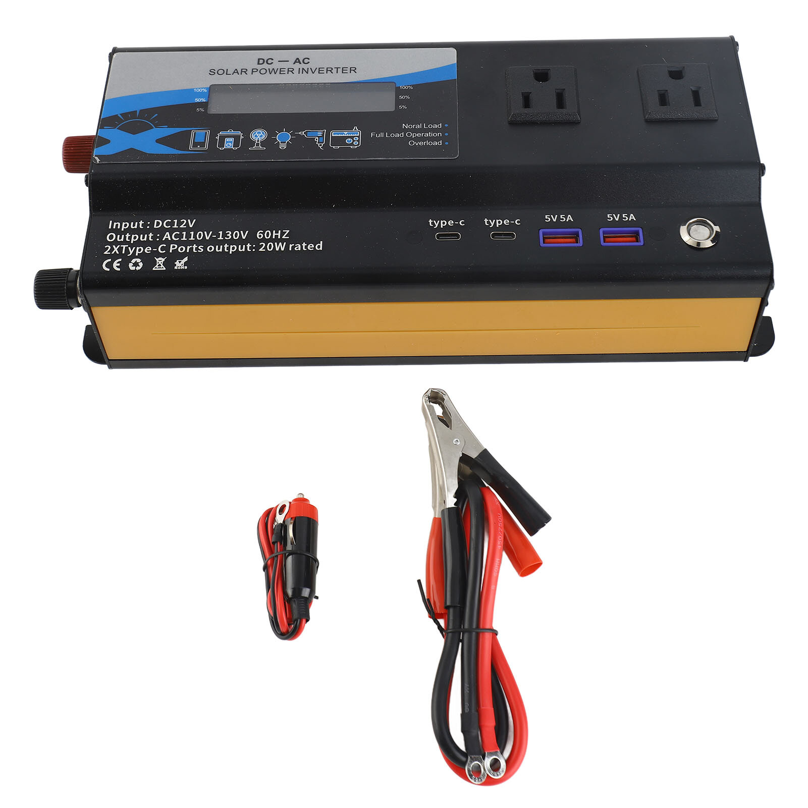 Автомобильный инвертор с номиналом 900 Вт постоянного тока 12/24 В до AC 60 Гц двойной розетки с окружающим светом 2 Тип C 2 модифицированная синусоидальная волна типа C 2