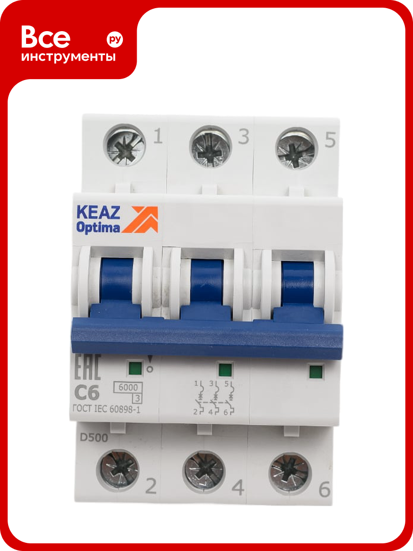 Автоматический модульный выключатель КЭАЗ OptiDin BM63-3C6-УХЛ3 с типом монтажа DIN‑рейка, серый корпус, климатическое