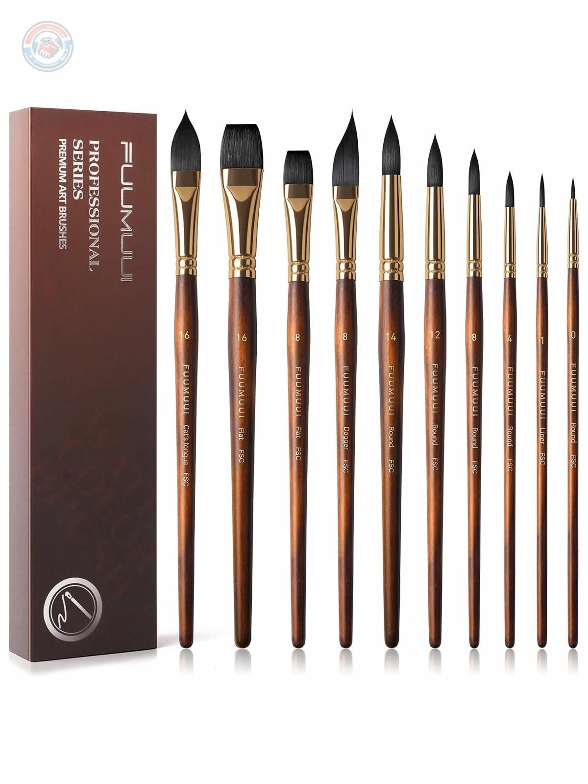 Набор кистей для акварели FUUMUUI, 10 шт — синтетика с беличьим ворсом: плоские, круглые, кинжальные, кошачий язык