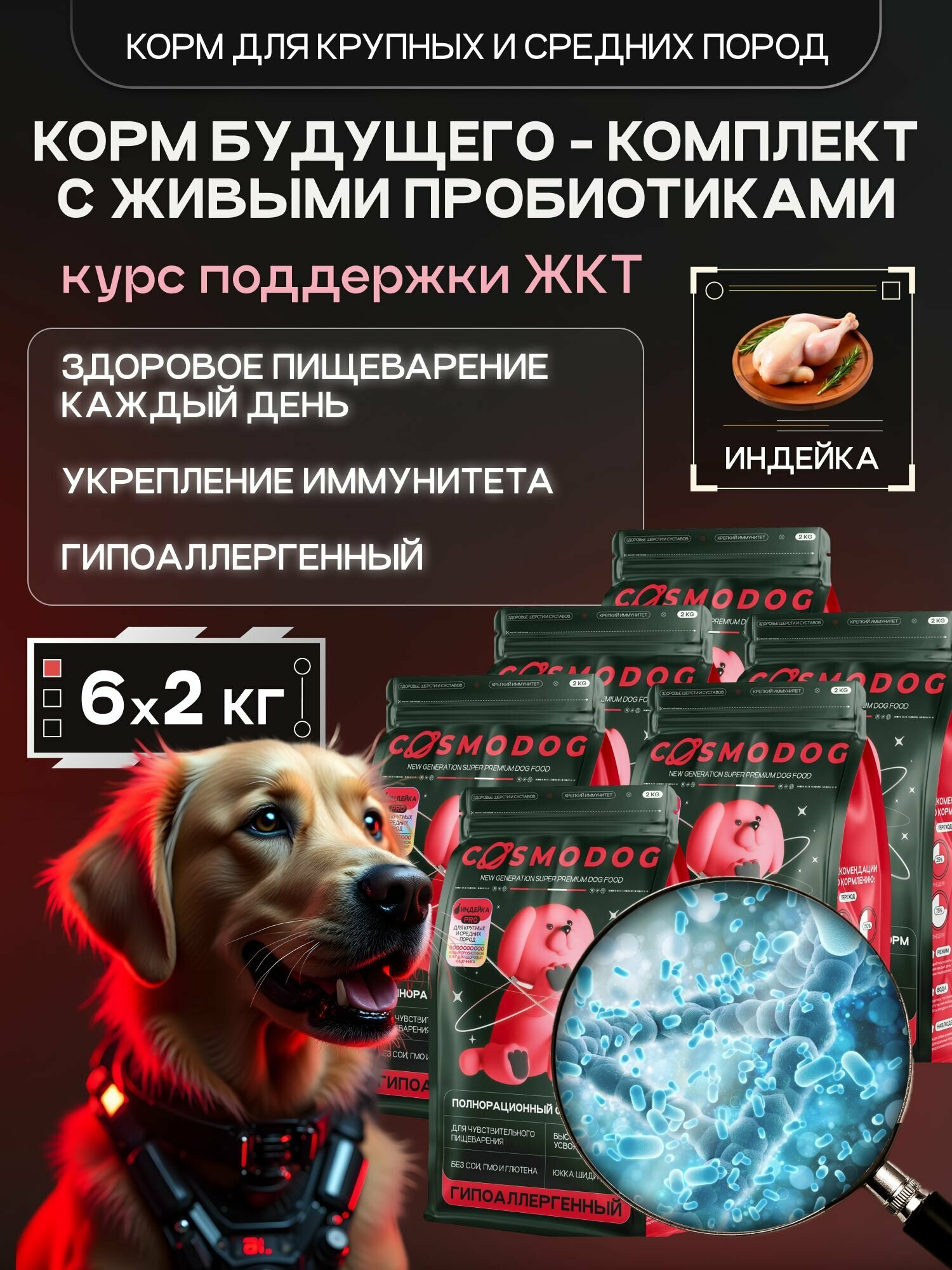 Корм для собак сухой Cosmodog с индейкой 12 кг, гипоаллергенный холистик для крупных и средних пород с пробиотиком