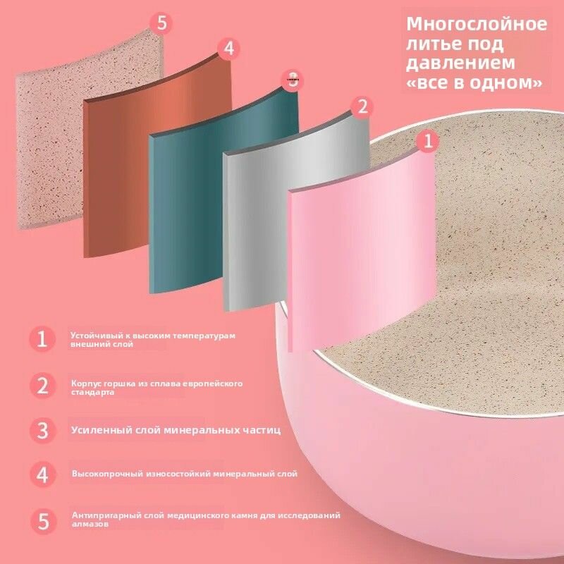 Горшок-молоковарка, антипригарное покрытие, многослойное дно, с крышкой, розовый — фото 1