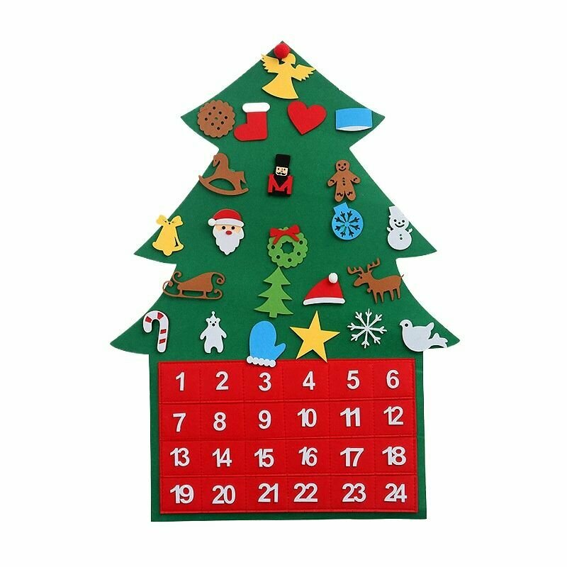 Детский новогодний адвент-календарь в форме елочки из фетра с 24 подарочными кармашками