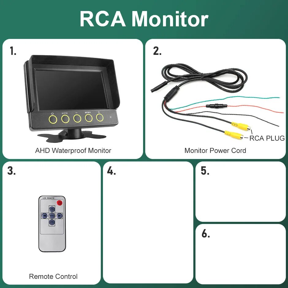 AHD 1080P IP69 Водонепроницаемый пылезащитный 7-дюймовый 2-канальный автомобильный монитор RCA Plug