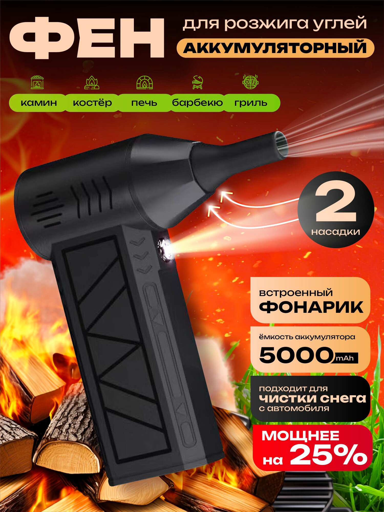 Фен для розжига углей с аккумулятором / воздуходувка для костра с встроенным фонариком / вентилятор для гриля и барбекю