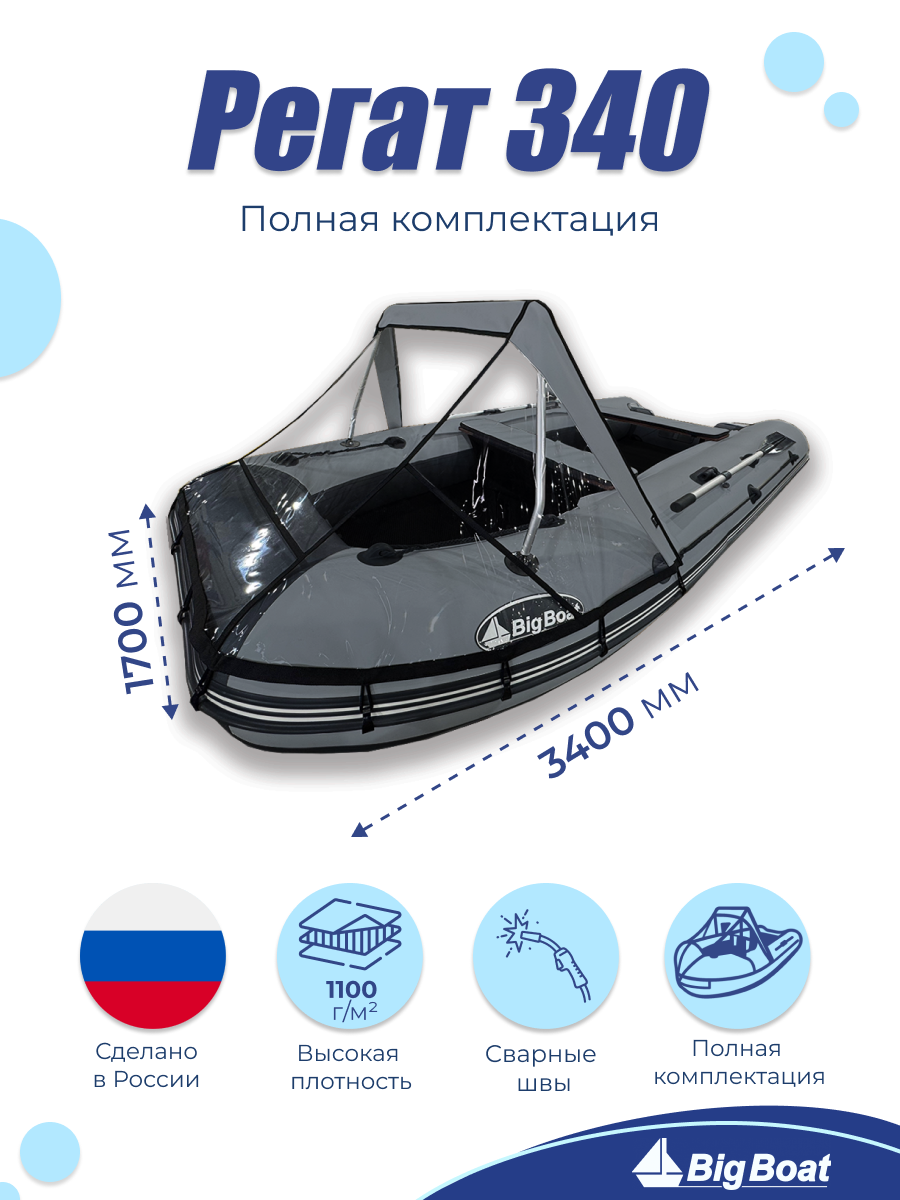 Надувная, под мотор, лодка в полной комплектации (носовой тент, Эва коврик, мягкие накладки) из ПВХ Регат 340 НДНД