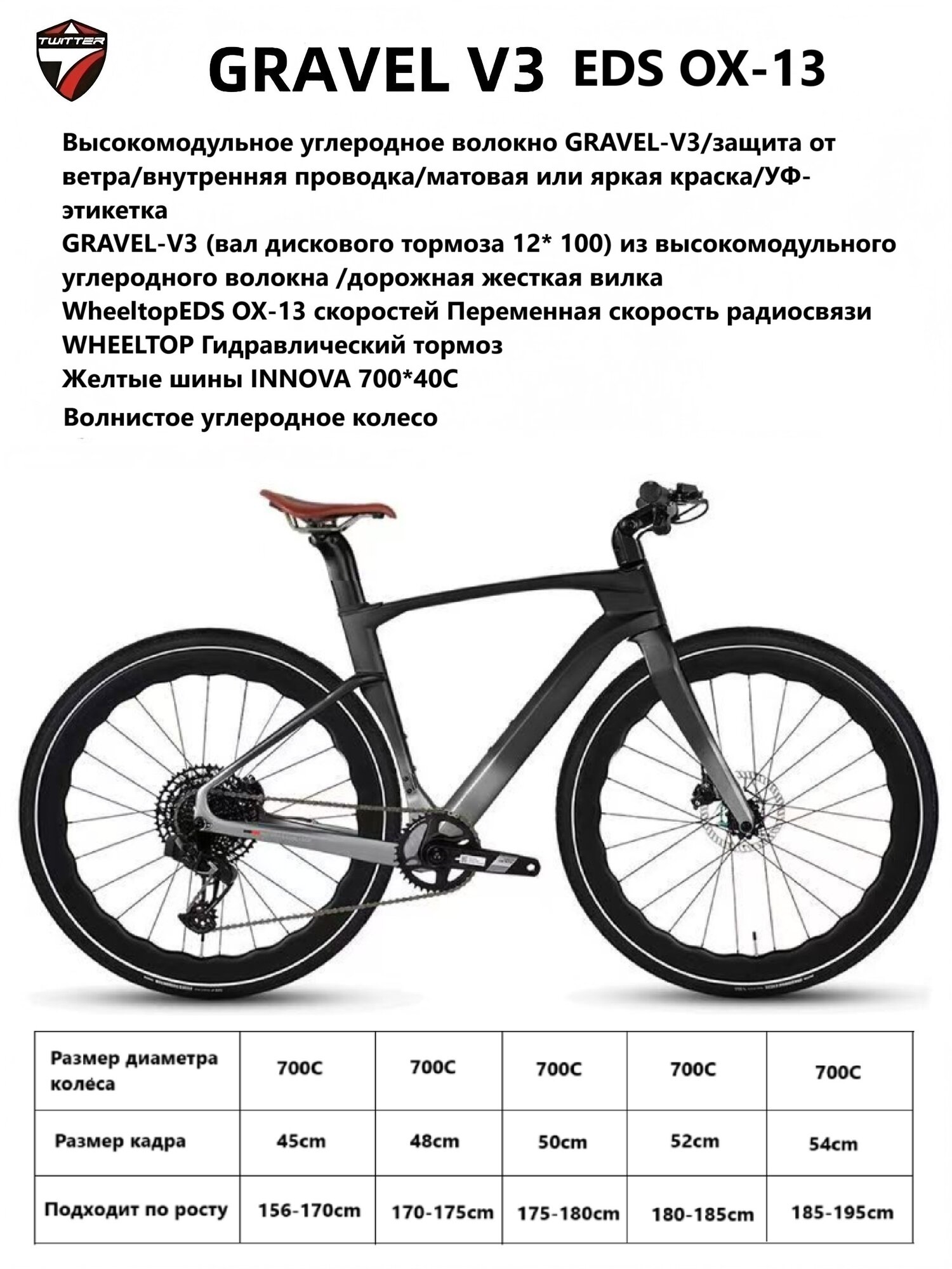 Велосипед Twitter Gravel-V3, карбоновая рама, гравийный, 29", 13 скоростей, откидывающийся на 90° подъемный руль