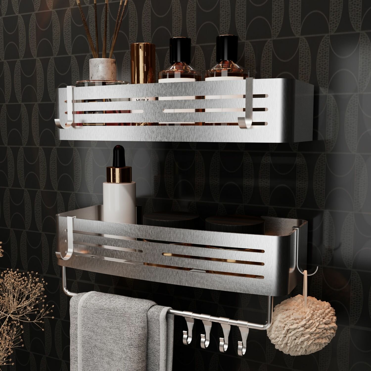 2 шт перегородка для ванной комнаты,2-х ярусная самоклеющаяся полка настенная,8 шт крючки для ванной держатель для полотенец Серебро