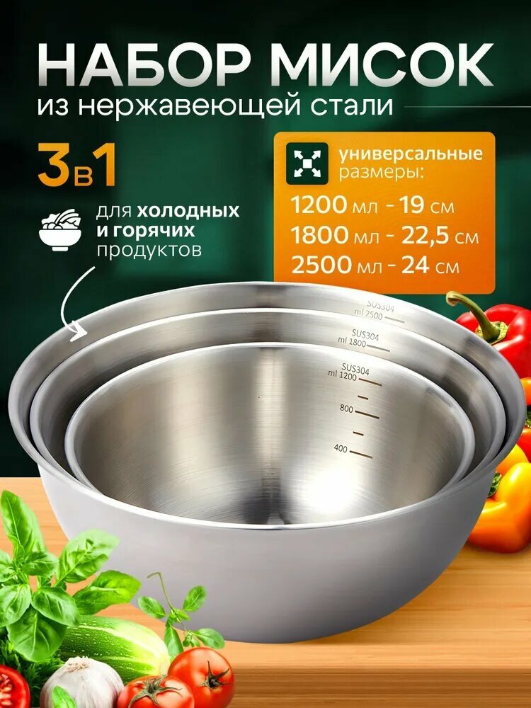 Набор мисок, нержавеющая сталь, для кухни, 3шт, диаметр 24см