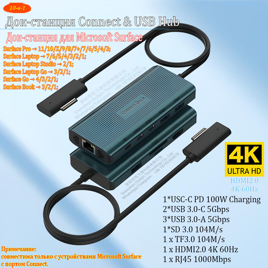 USB HUB, Connect to USB 3.0 SD TF RJ45 4K 100W Charging 60Hz HDMI Adapter, Surface Docking Station