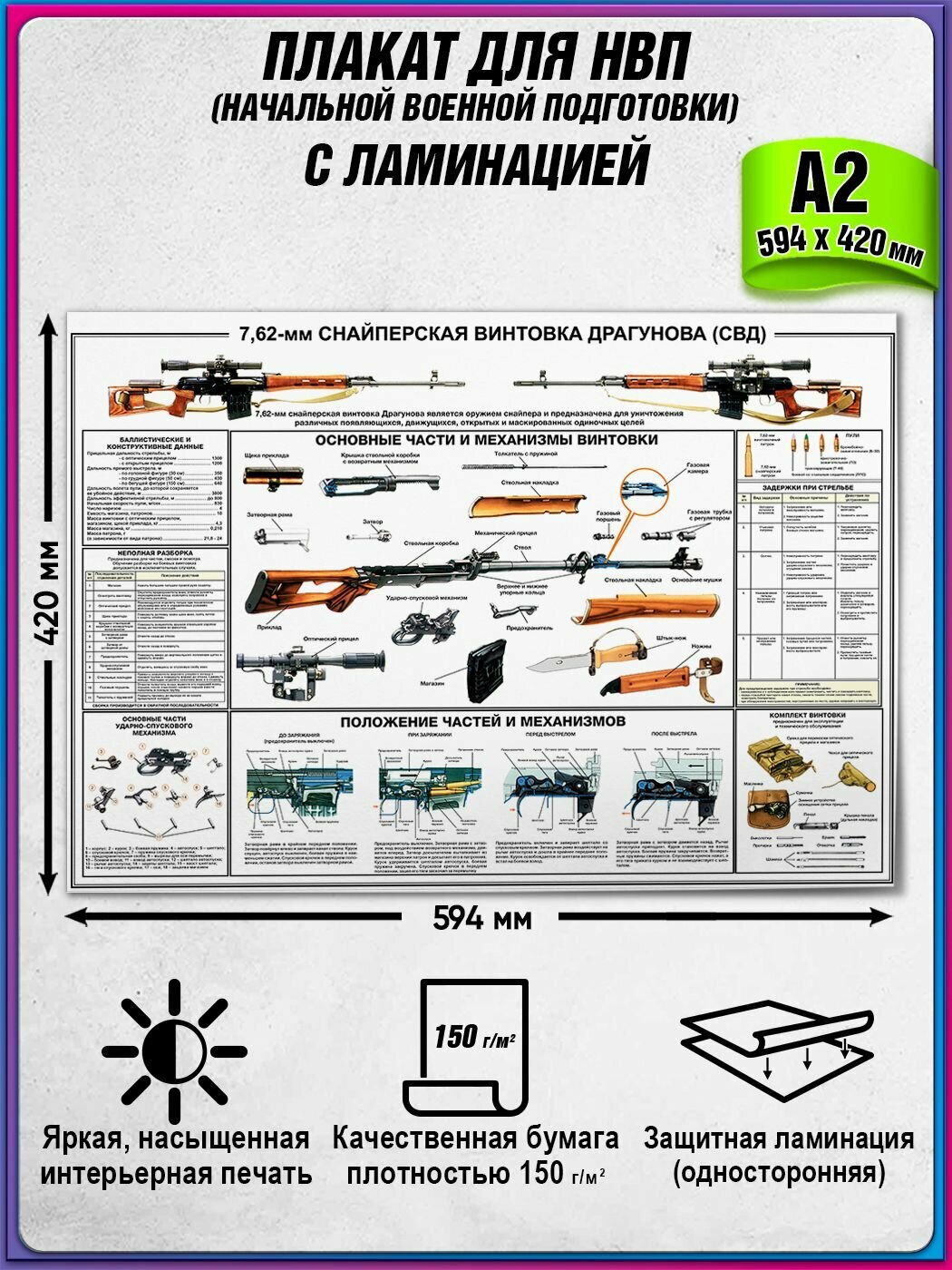 Информационный военный плакат "7,62-мм Снайперская винтовка Драгунова (СВД)" / ламинированный / А2 (60x42 см.)