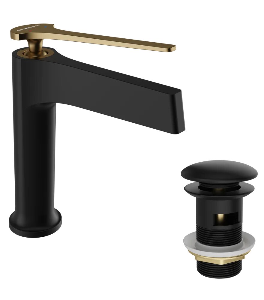 Смеситель для раковины в ванную STWORKI Аулум с донным клапаном, черный матовый, золотой матовый, латунь, рычажный, кран для ванной в раковину с керамическим картриджем, финский