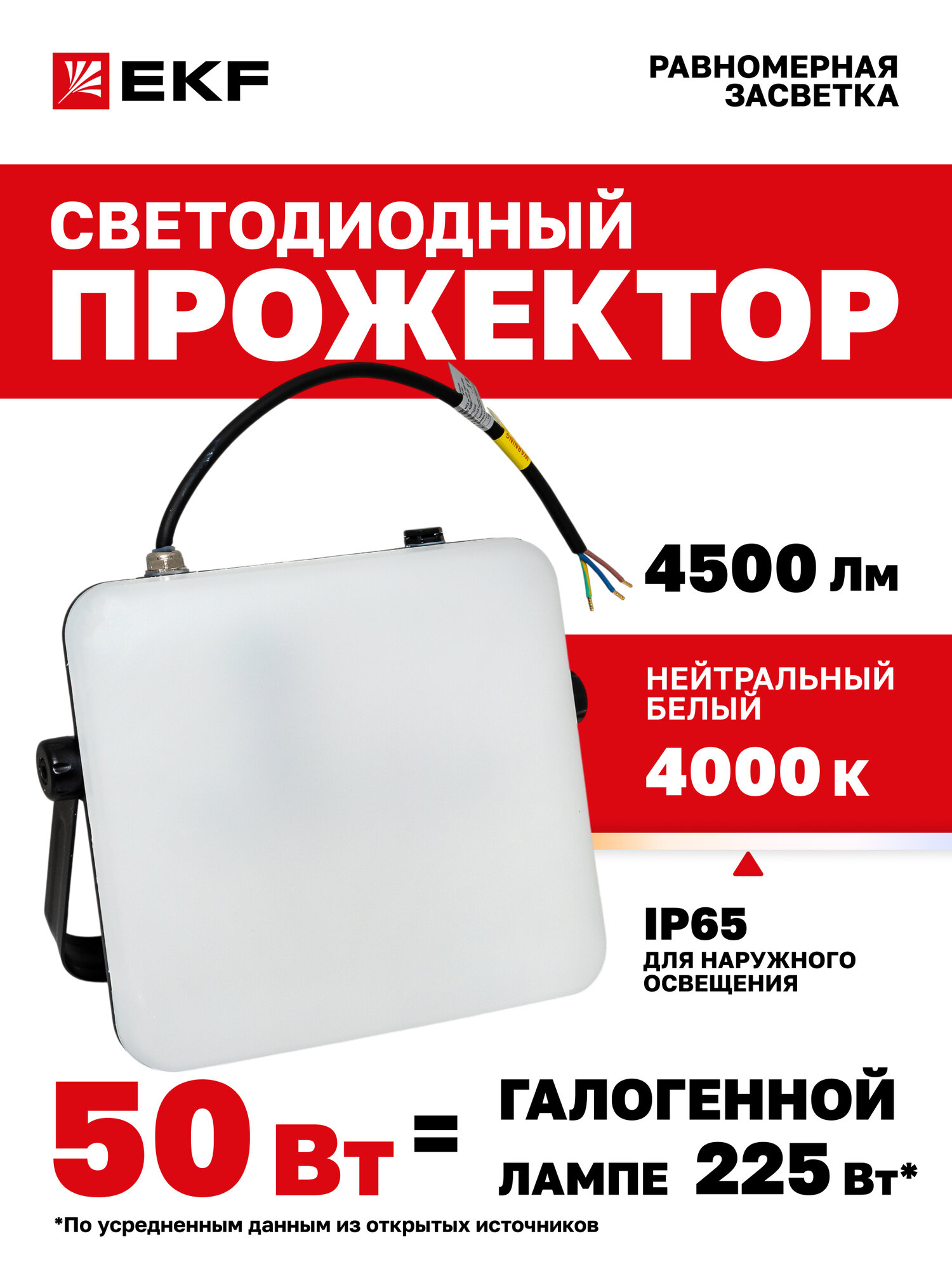 Прожектор светодиодный EKF LUMA с равномерной засветкой СДО-4004 50Вт 4000К IP65