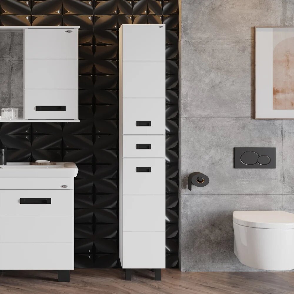 Шкаф-пенал для ванной Onika Балтика Black 32.11 напольный, 32 см, белый, глянцевый, с ящиком, с дверками, из МДФ