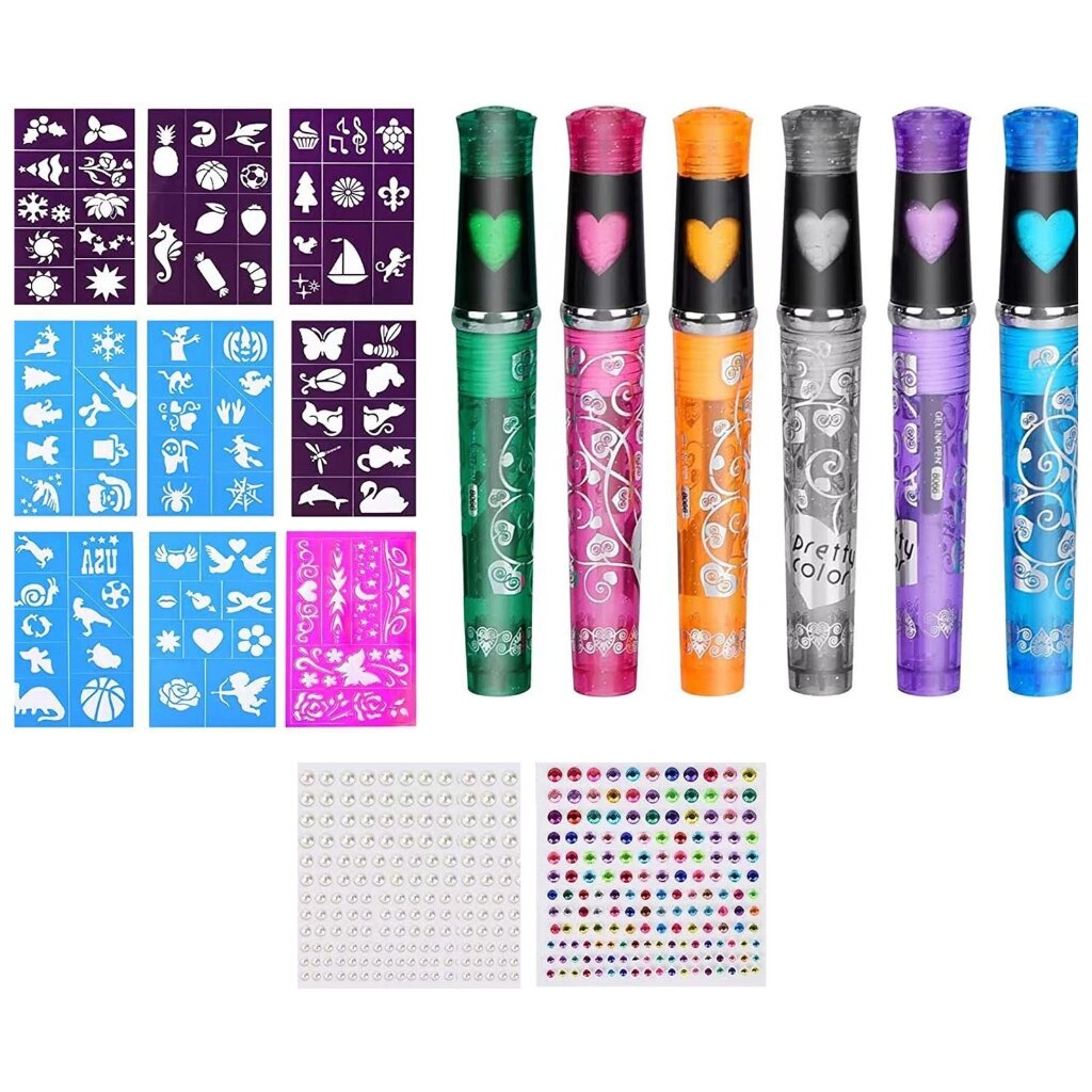 6-цветный смываемый маркер для лица и тела с 9 трафаретами и 2 листами наклеек