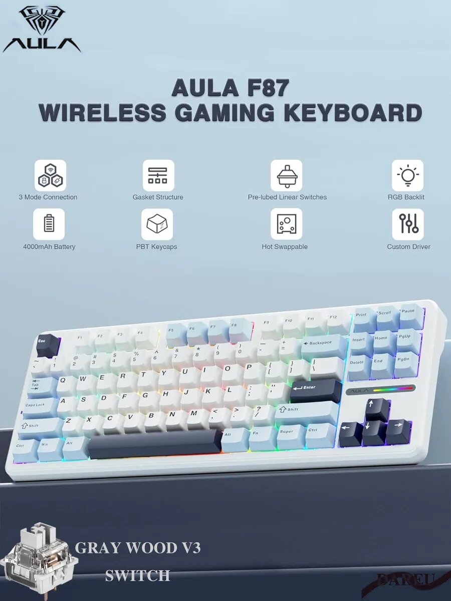 AULA F87 механическая клавиатура, с пятислойной прокладкой, Bluetooth / 2.4GHz / USB - C,(GRAY WOOD V3 SWITCH), черный
