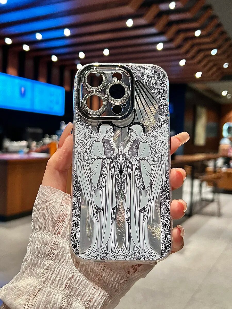 Чехол О'кейси, для iPhone 15 Pro, с принтом, серый, защита камеры