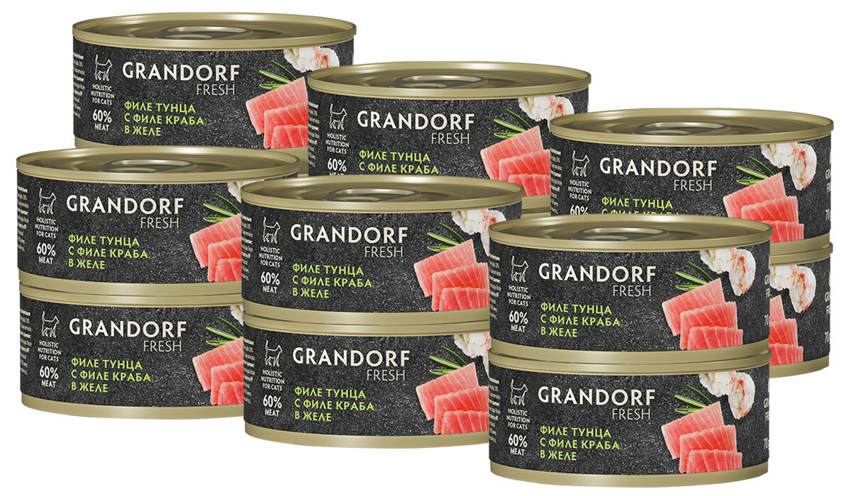 Корм влажный Grandorf Fresh для кошек с филе тунца и крабом в желе, 70 г х 12 шт
