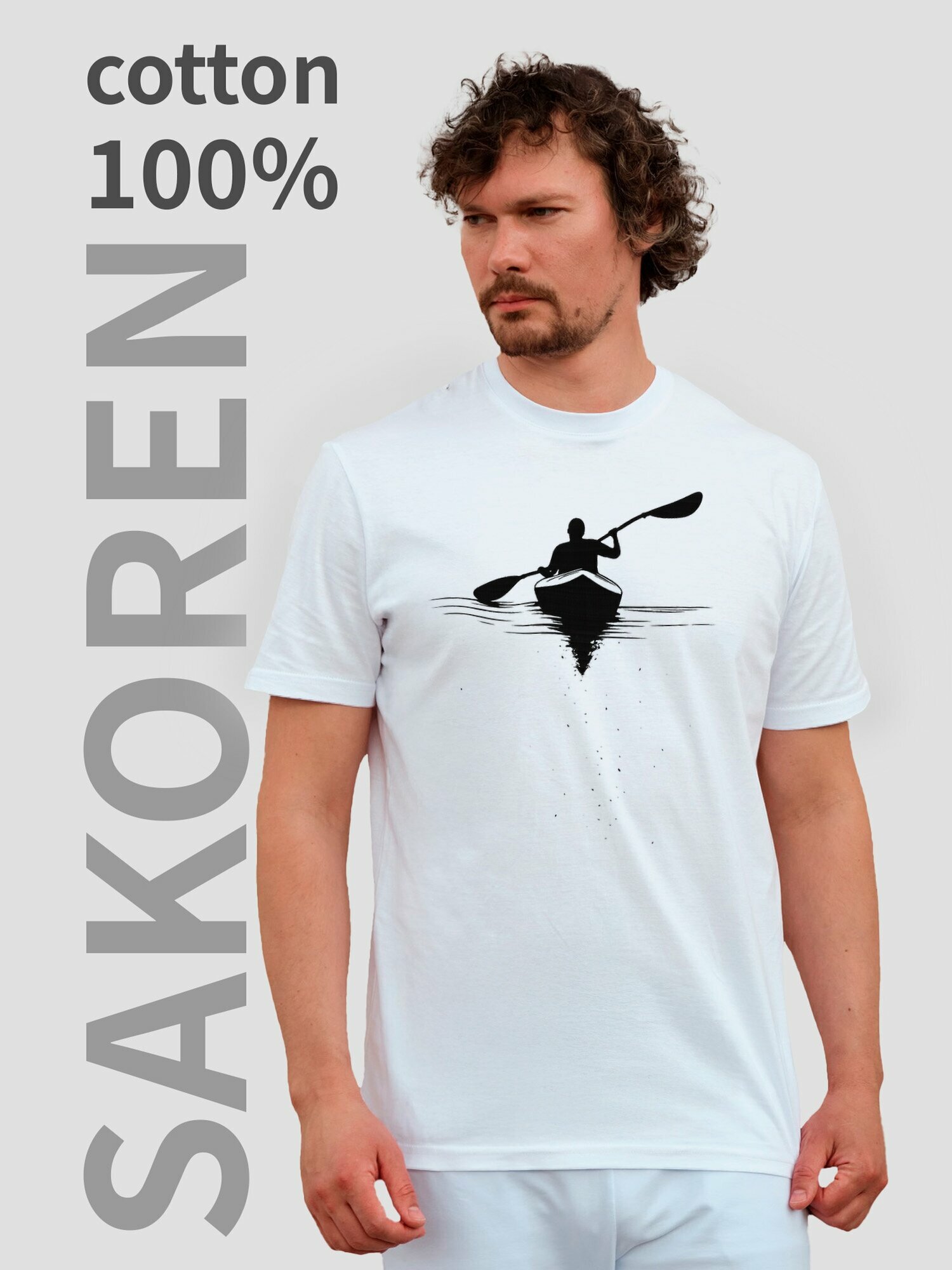 Футболка классическая мужская с авторским принтом Каяк минималистичный черно-белый с веслом на белой пляжной воде экстрим, белый хлопковый трикотаж с прикольным рисунком на груди