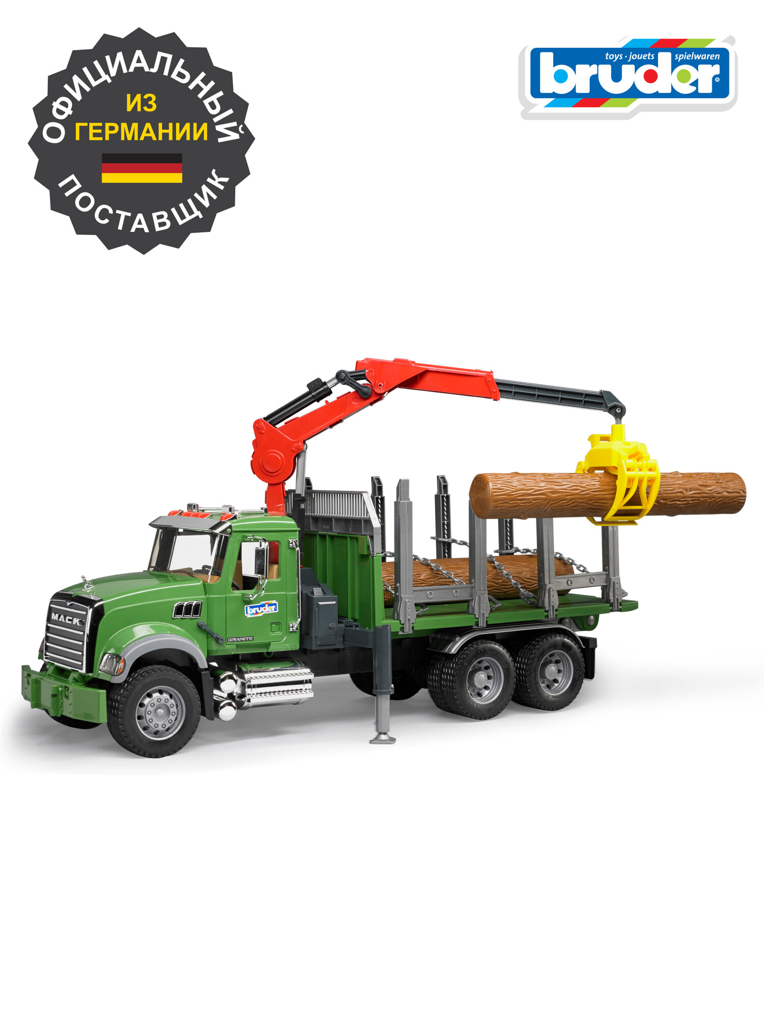Брудер, Лесовоз MACK с портативным краном и брёвнами, Bruder, 02-824